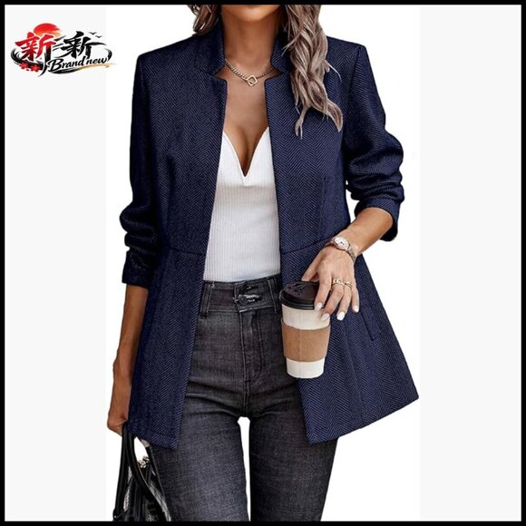 Jackets & Coats | Open Front Herringbone Blazer With Padded Shoulders ...